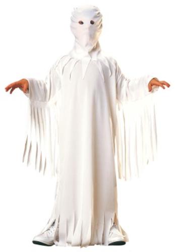 White Ghost Robe + Hood Kids Halloween Ghoul Fancy Dress Childs Costume ...
